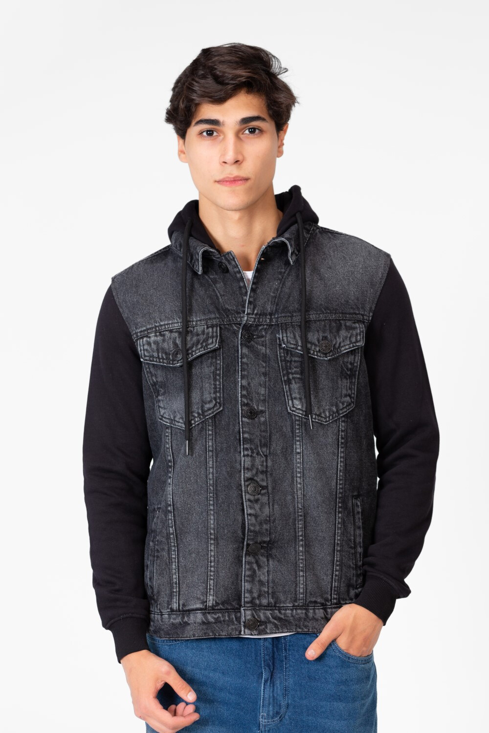 Men's Denim Front Pockets Jacket With Melton Sleeves & Hood | Tomato Stores