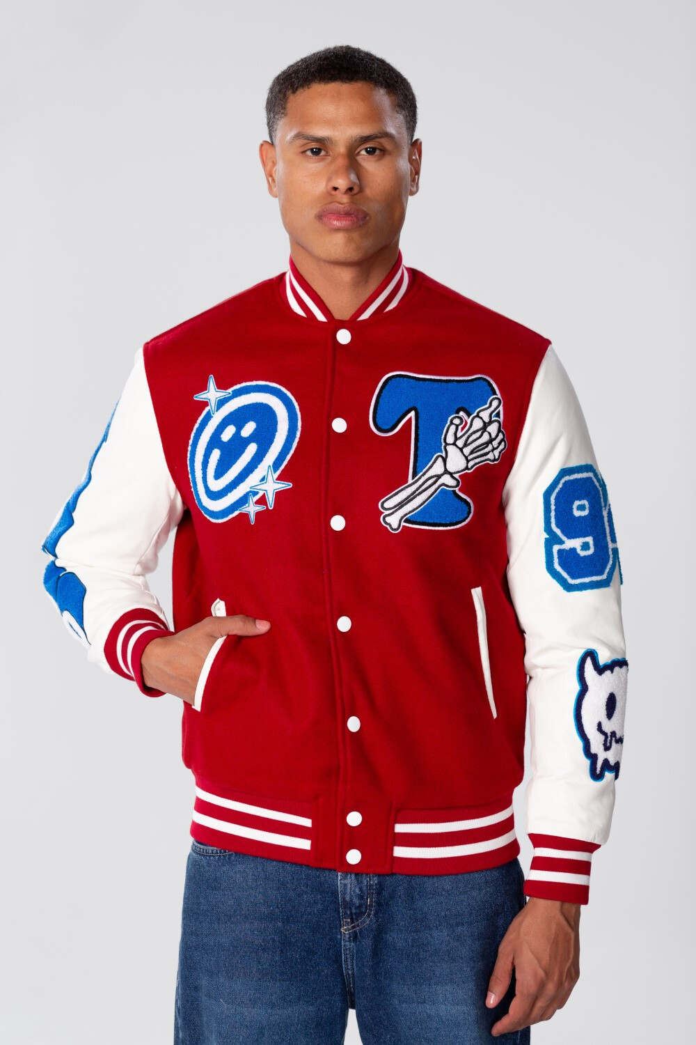 Men's Tomato Baseball Varsity Jacket With Stripes In White | Tomato Stores